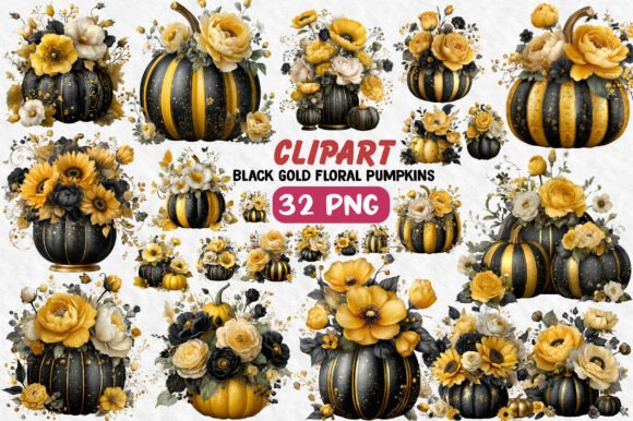 Black and Gold Floral Pumpkins Clipart Graphic by TshirtMaster ...