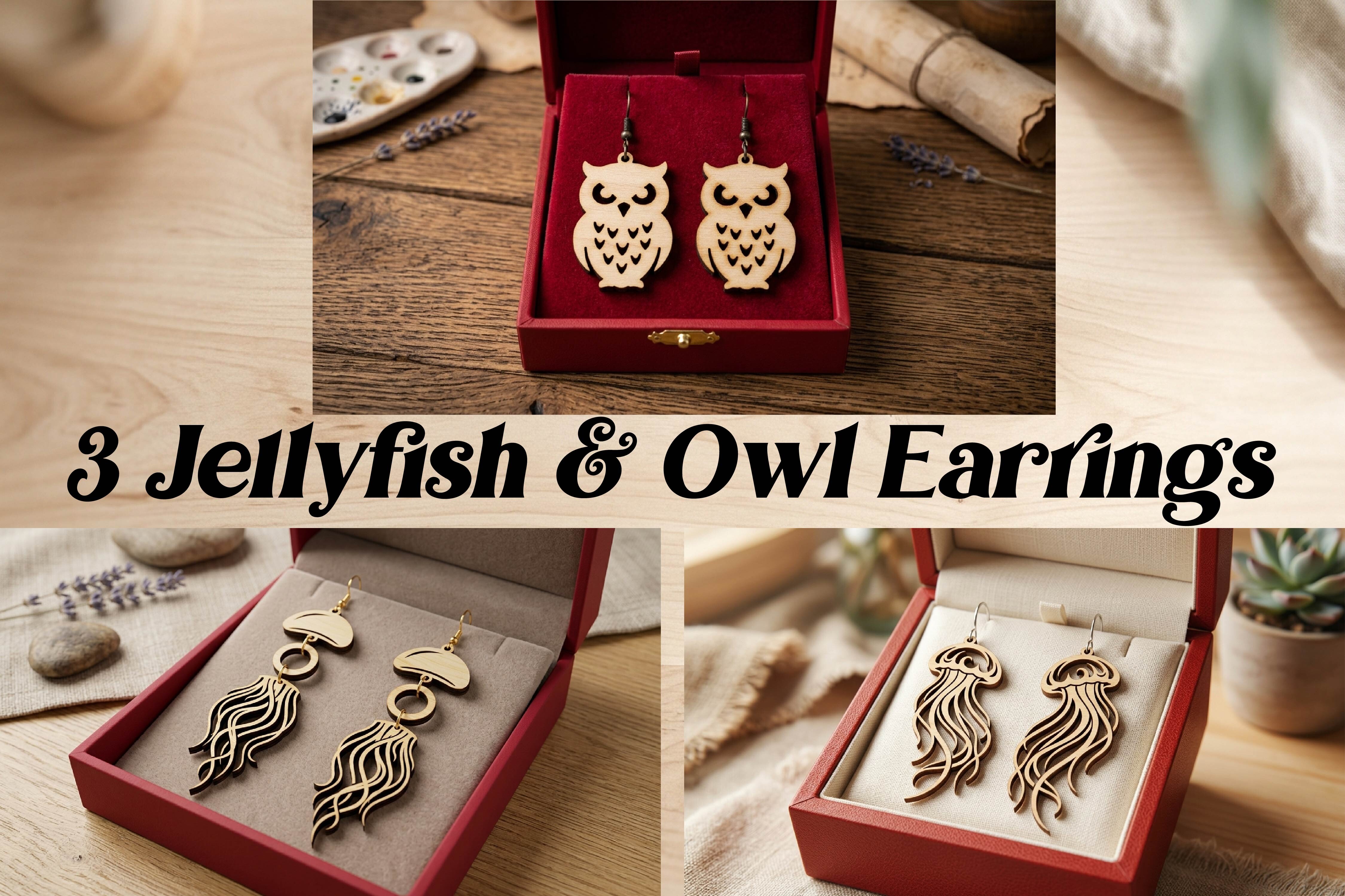 3 Jellyfish & Owl Earrings Laser Cut Set · Creative Fabrica