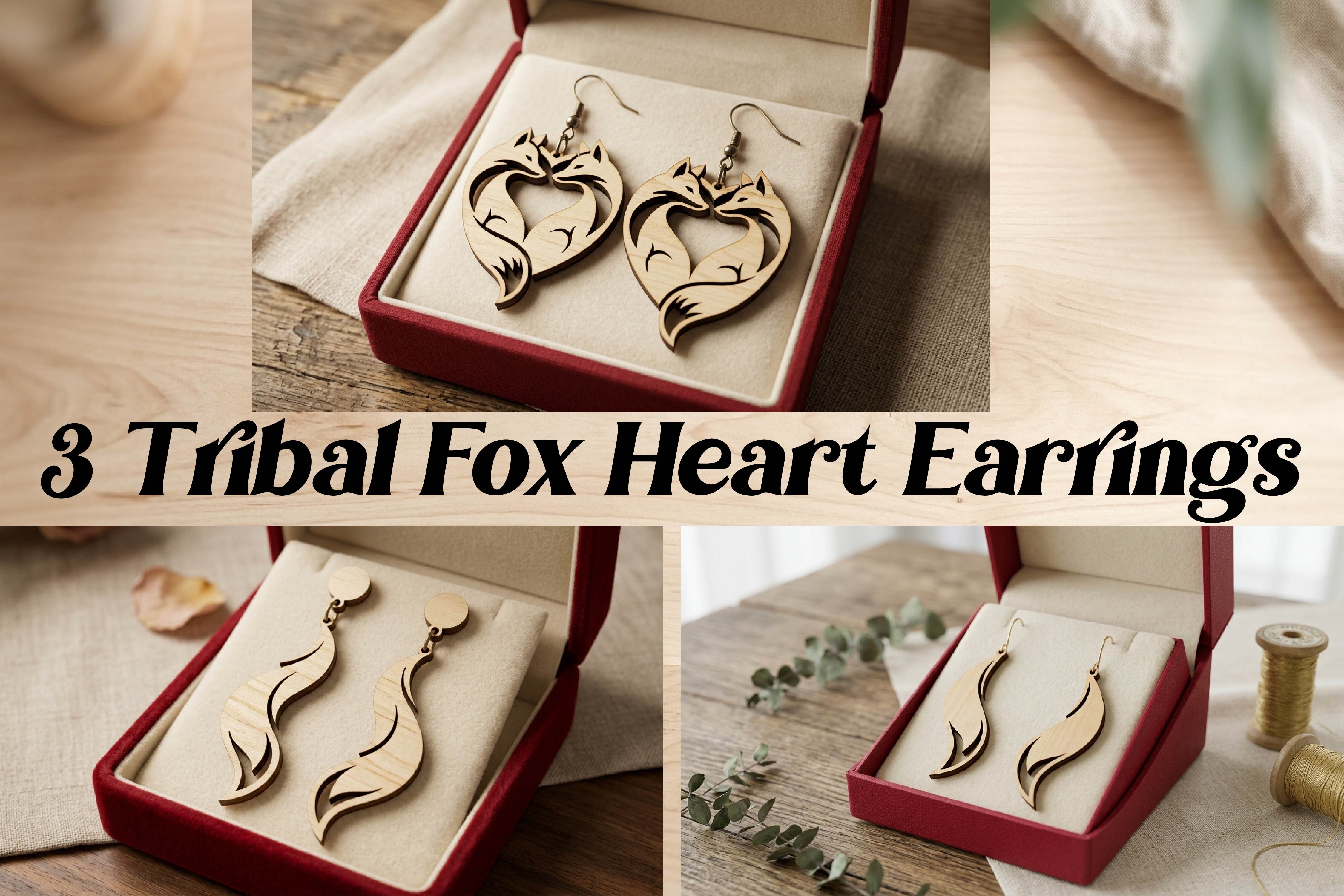 3Tribal Fox Heart Earrings Laser Cut Set · Creative Fabrica