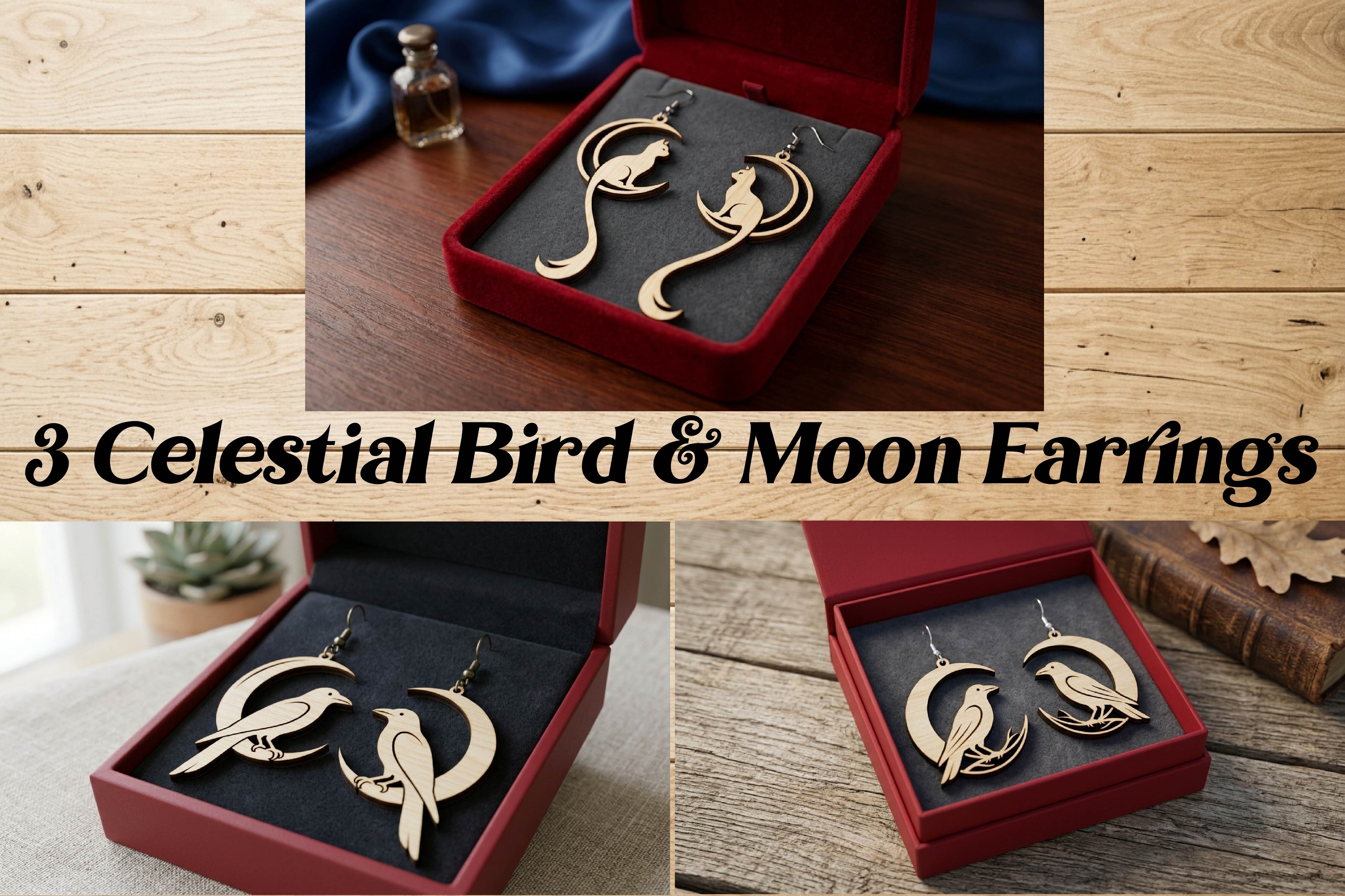 Celestial Bird & Moon Earrings Laser Cut · Creative Fabrica