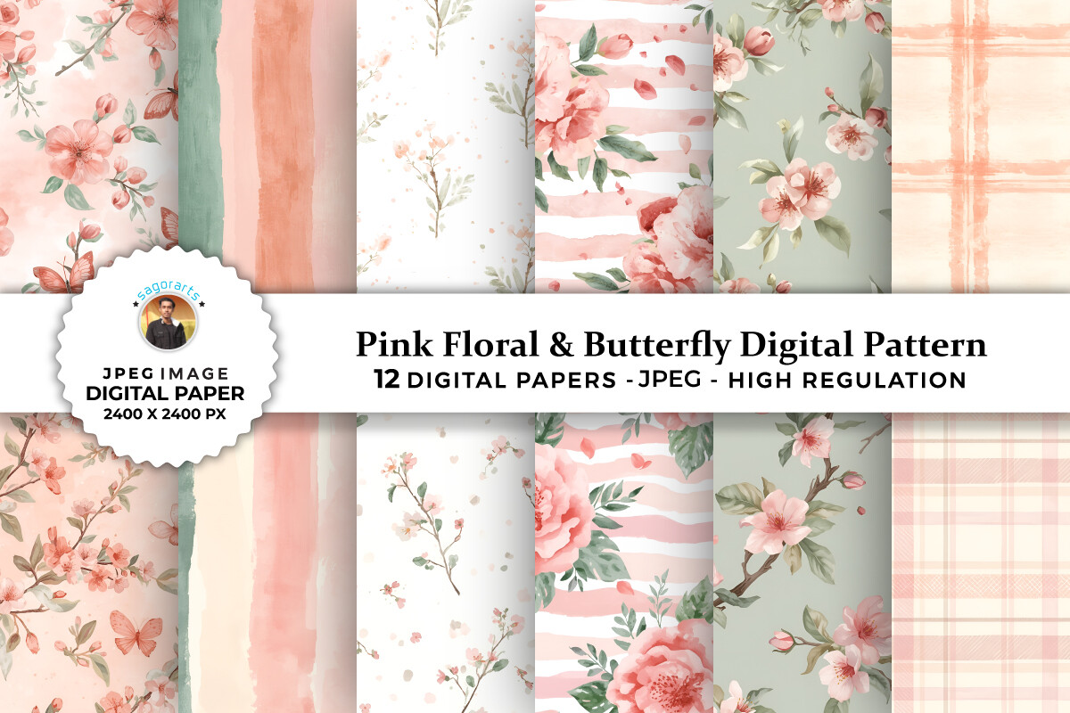 Pink Blossom & Butterfly Digital Pattern Graphic by sagorarts ...