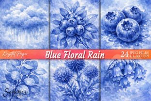 Watercolor Blue Floral Rain Paper Pack Graphic by Summer Digital Design ...