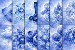 Watercolor Blue Floral Rain Paper Pack Graphic by Summer Digital Design ...