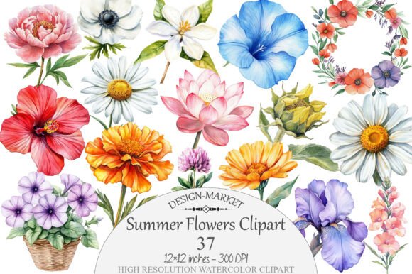 Watercolor Summer Flowers Clipart Graphic by Design Market · Creative ...