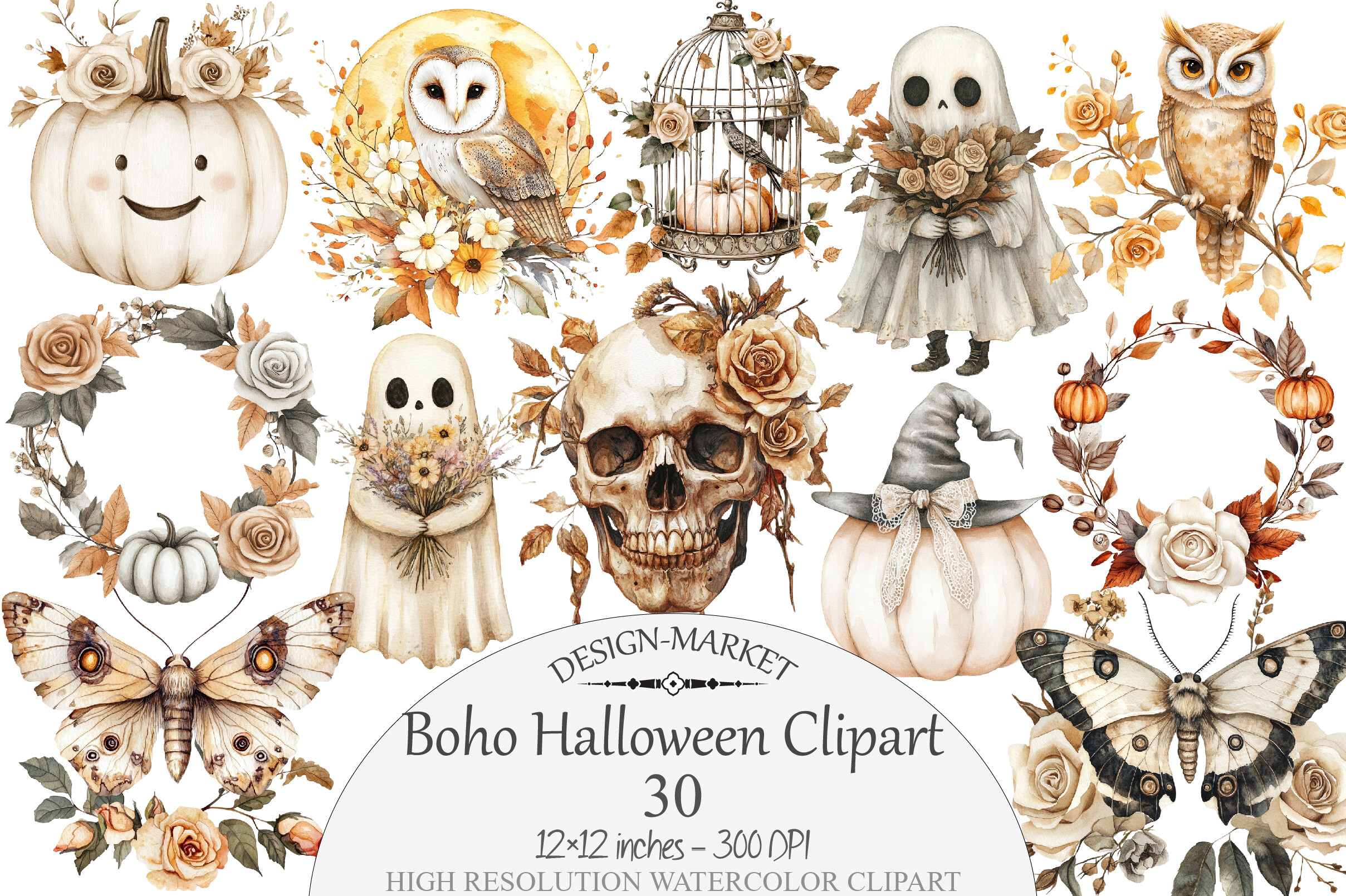 Boho Halloween Watercolor Clipart Graphic by Design Market · Creative ...