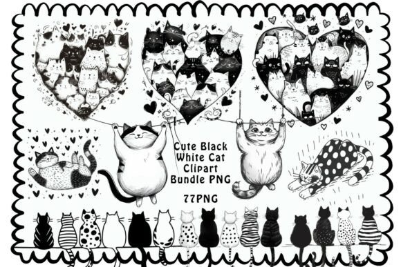 Cute Black White Cat Clipart Bundle PNG Graphic by NeriaLi · Creative ...