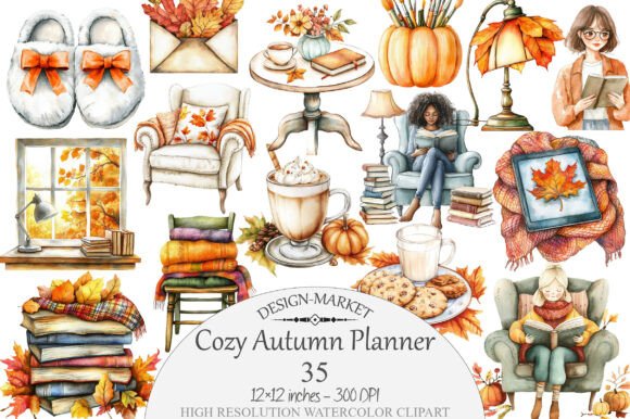 Watercolor Cozy Autumn Planner Clipart Graphic by Design Market ...