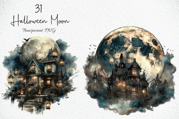 Watercolor Halloween Moon Clipart Bundle Graphic by Craft Art ...