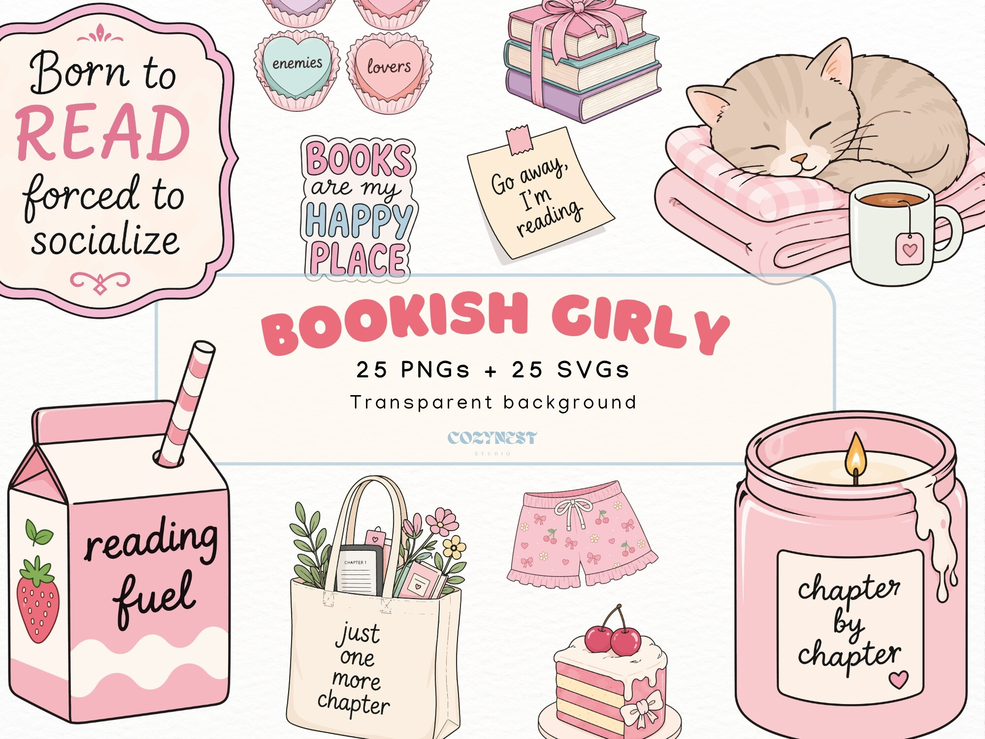 Bookish Girly Cliparts, Cute Reading PNG Graphic by CozyNest Studio ...