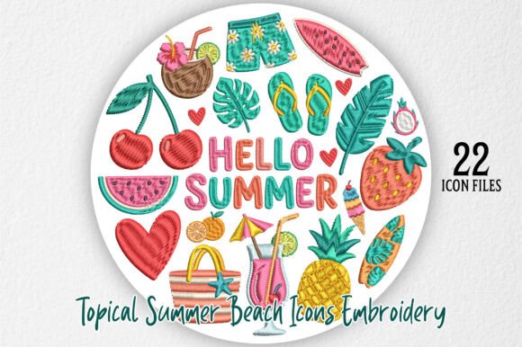 Topical Summer Beach Icons Embroidery · Creative Fabrica