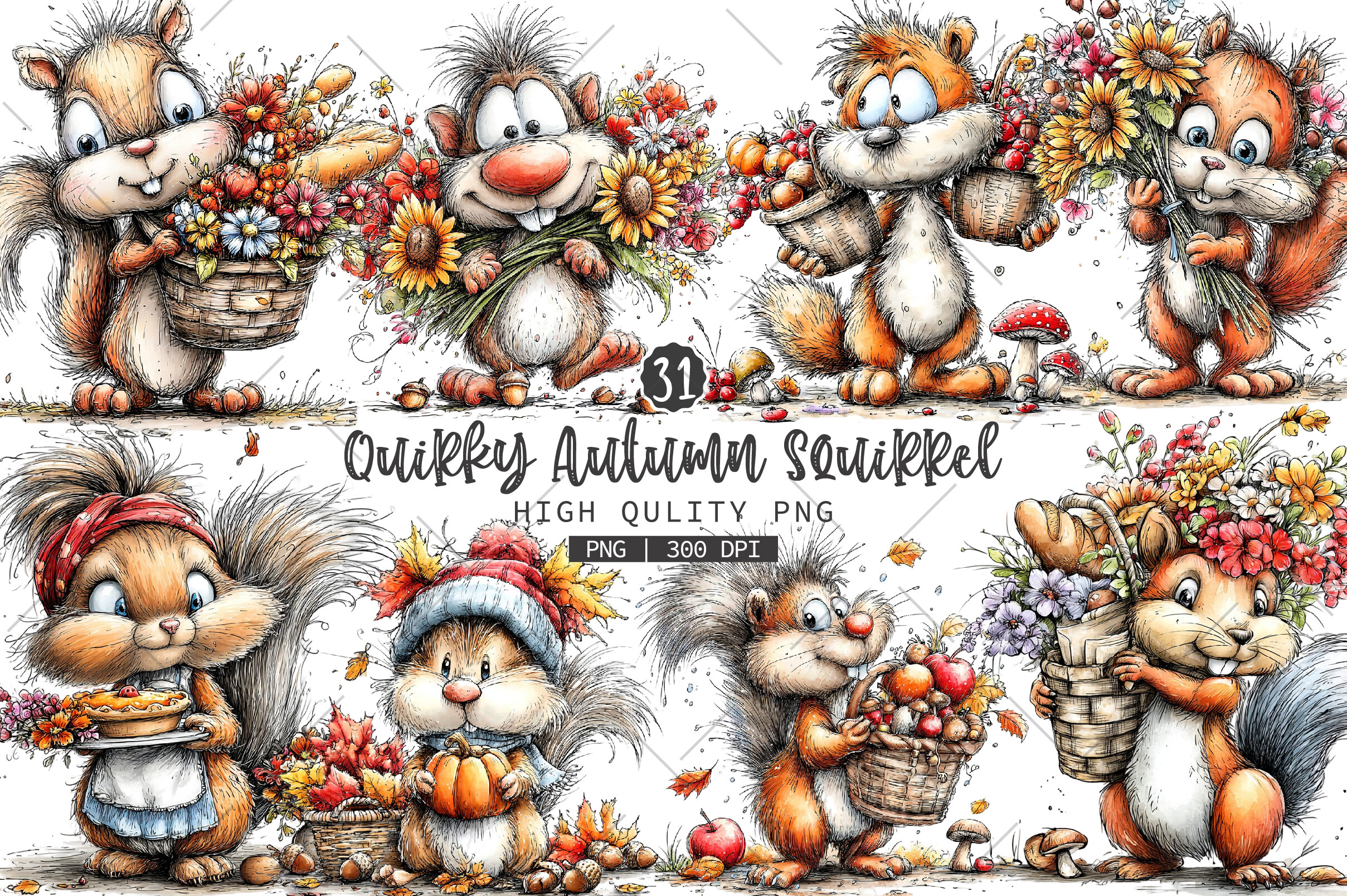Quirky Autumn Squirrel Clip Art Bundle Graphic by RevolutionCraft ...