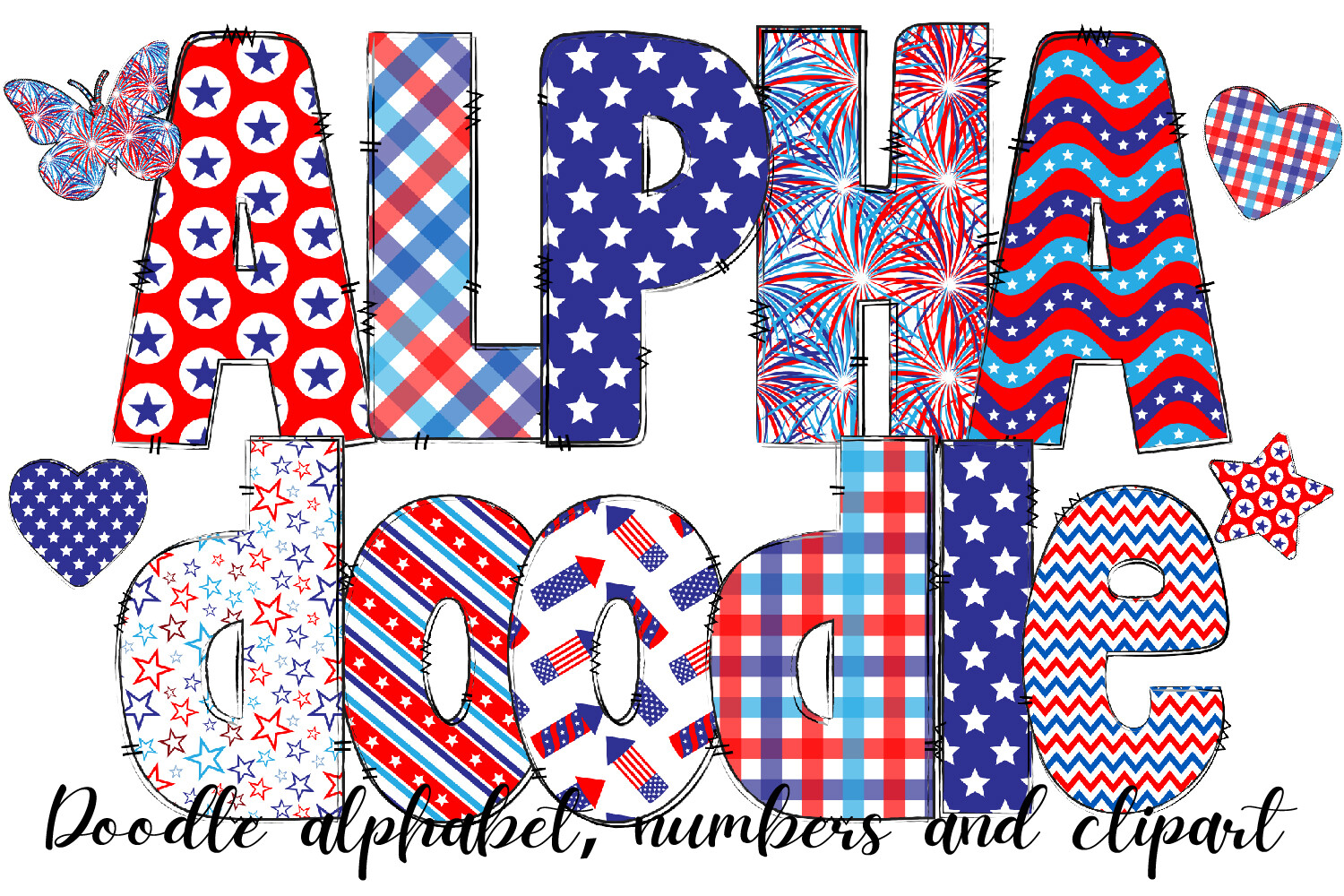 Red White and Blue Doodle Letters USA Graphic by bestgraphicsonline ...