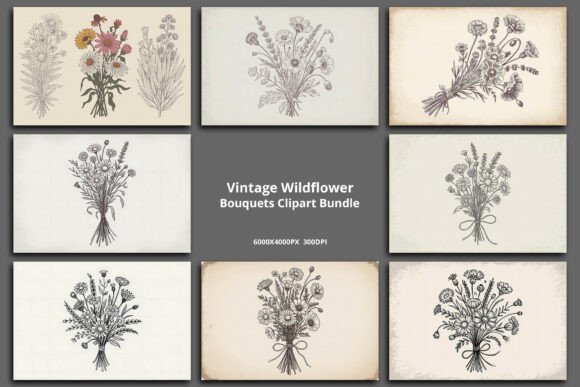 Retro Wildflower Bouquets Clipart Bundle Graphic by Motin · Creative ...