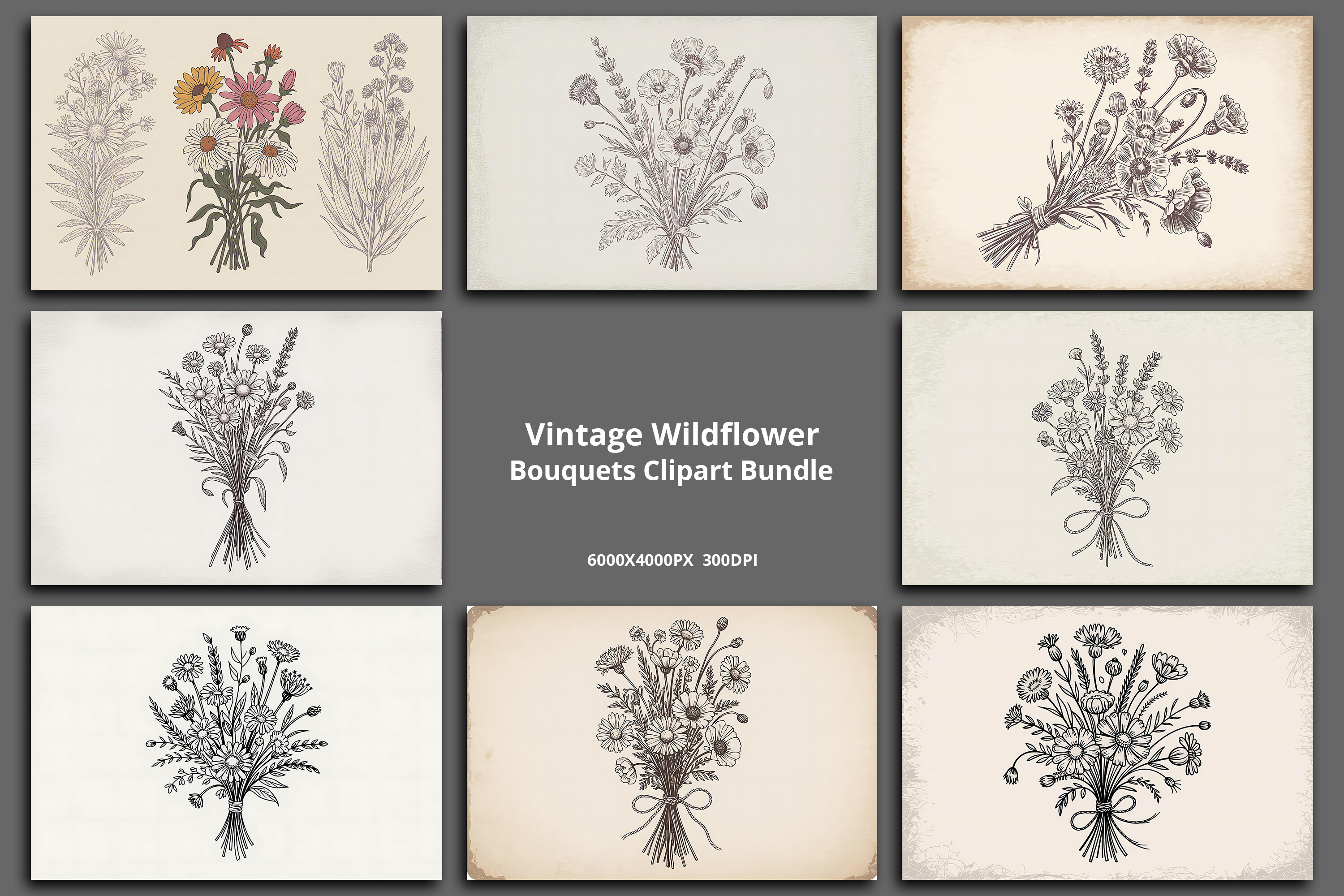 Retro Wildflower Bouquets Clipart Bundle Graphic by Motin · Creative ...