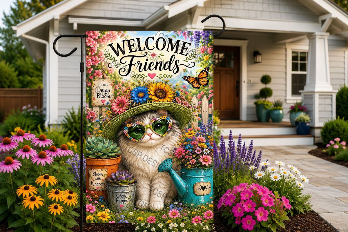 Cat Welcome Friends Garden Flag Graphic by TCSP Designs · Creative Fabrica