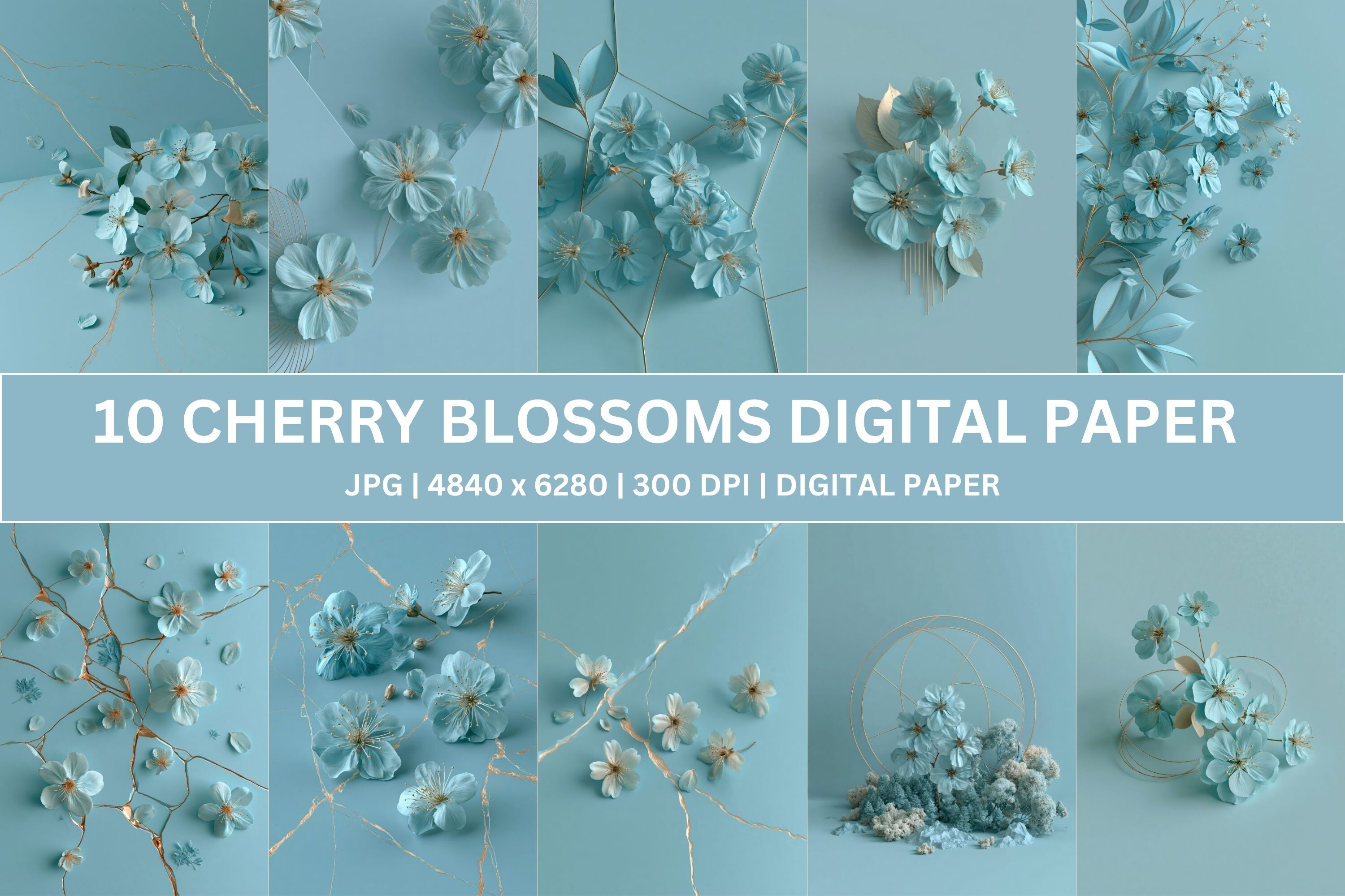 Kintsugi Cerulean Sakura Digital Paper Graphic by ashira.creations ...