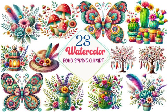 Watercolor Boho Spring Clipart Graphic by Strawberry Art · Creative Fabrica