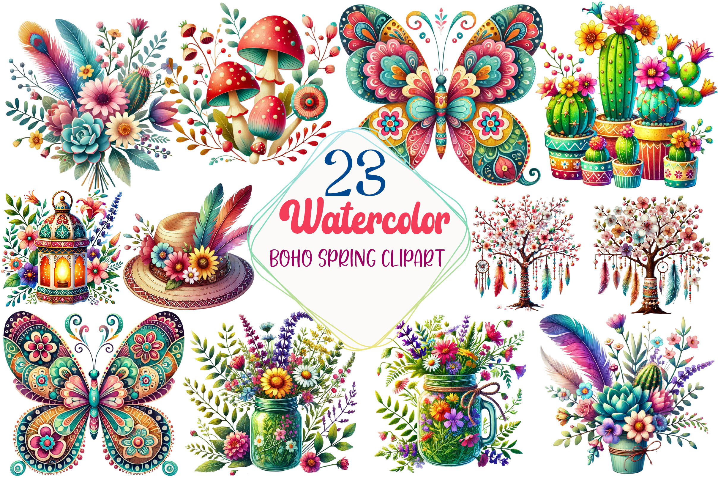Watercolor Boho Spring Clipart Graphic by Strawberry Art · Creative Fabrica