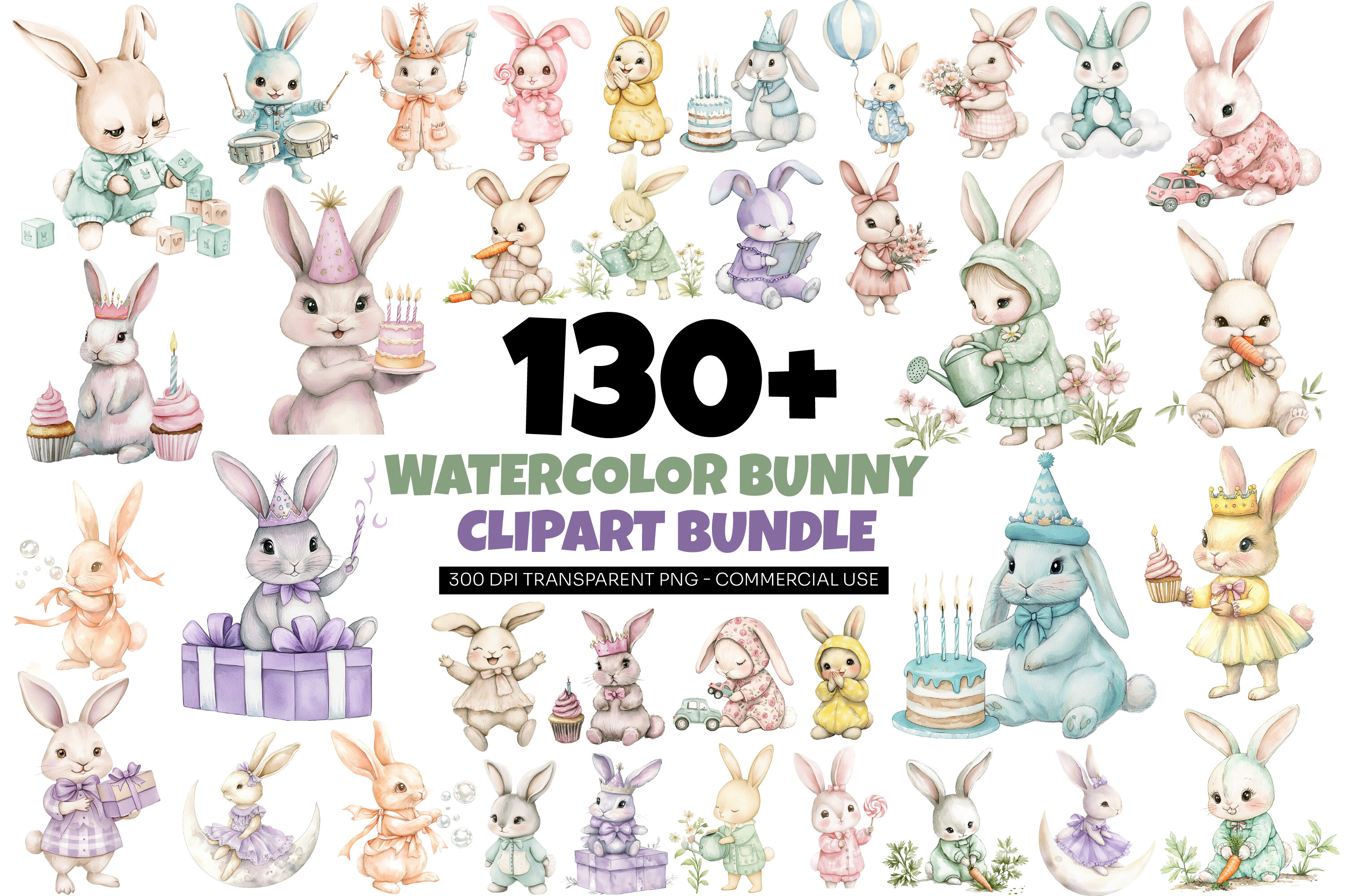 Watercolor Bunny Clipart Bundle PNG Graphic by Artify Hub Studio ...