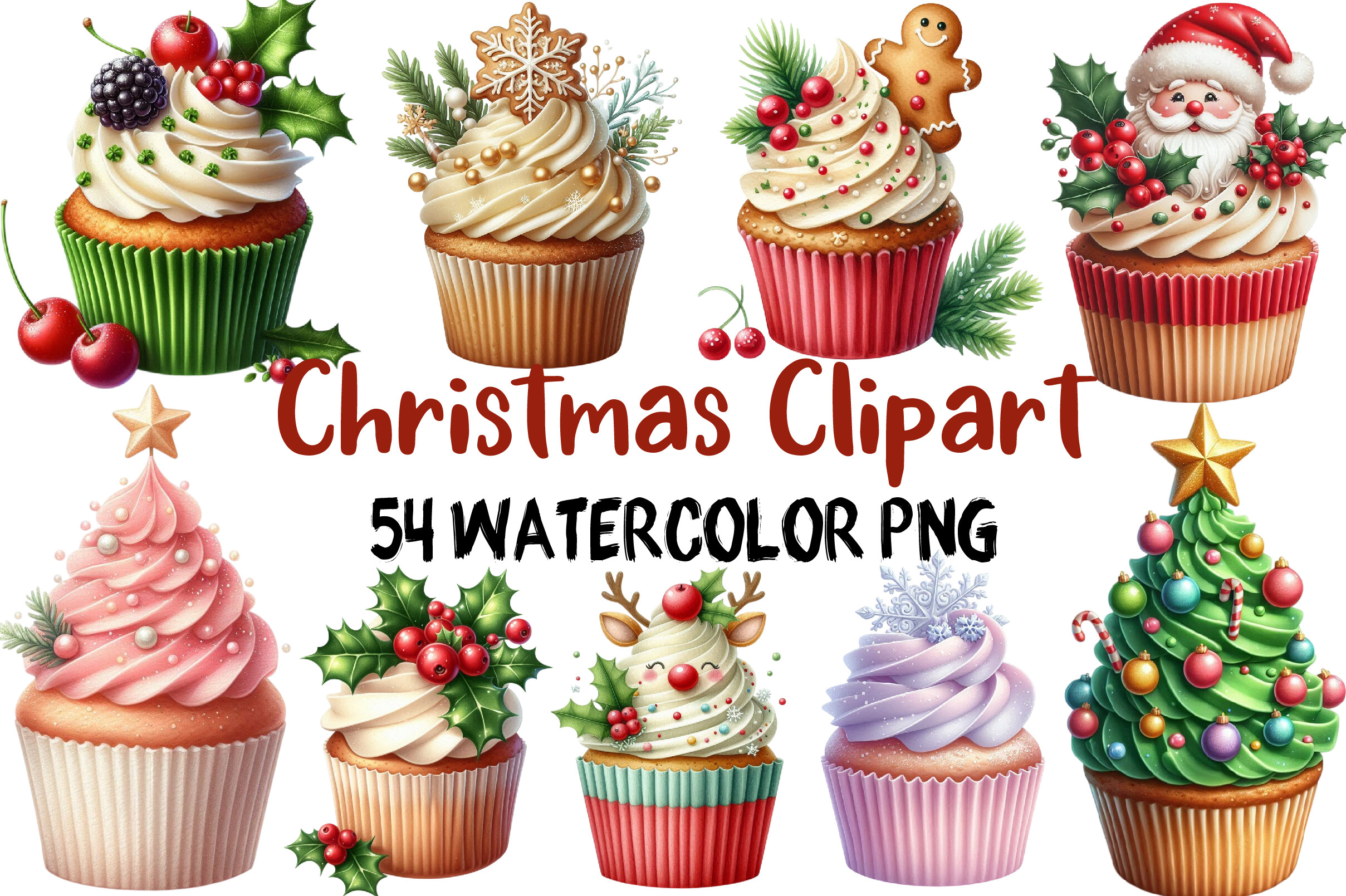 Watercolor Christmas Cupcakes Clipart Graphic by Creative Print ...