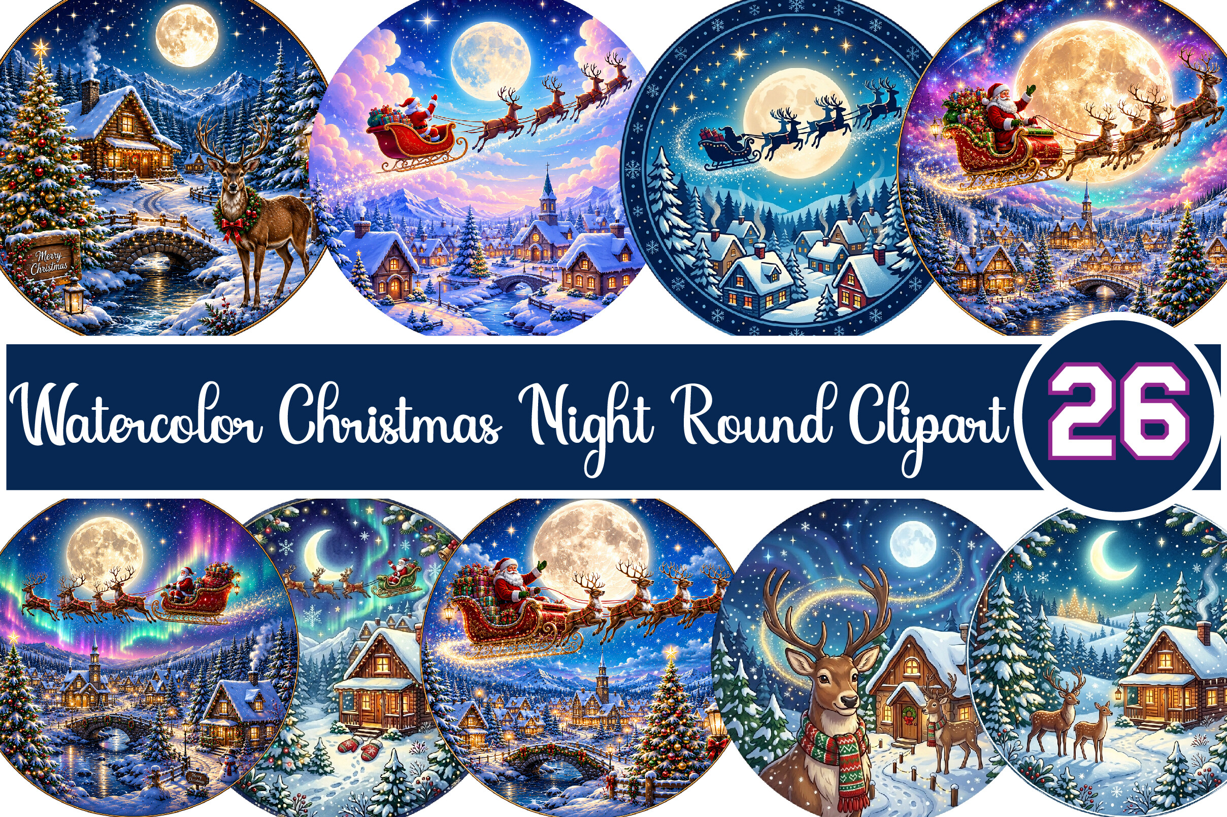 Watercolor Christmas Night Round Clipart Graphic by TshirtMaster ...