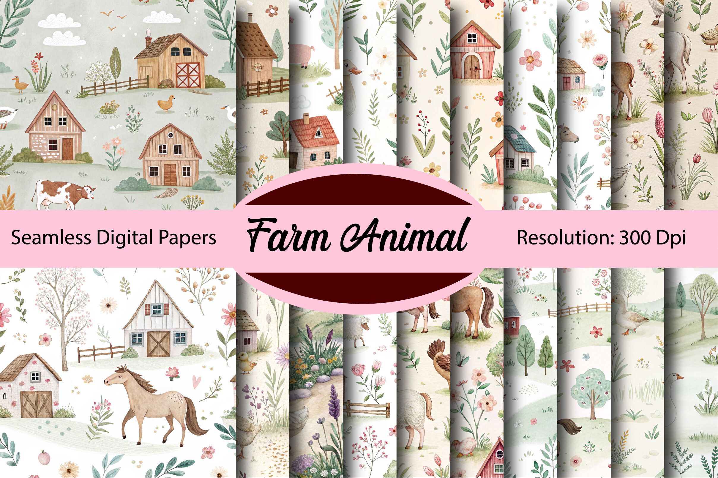 Watercolor Farm Animal Digital Paper Graphic by Colourful · Creative ...