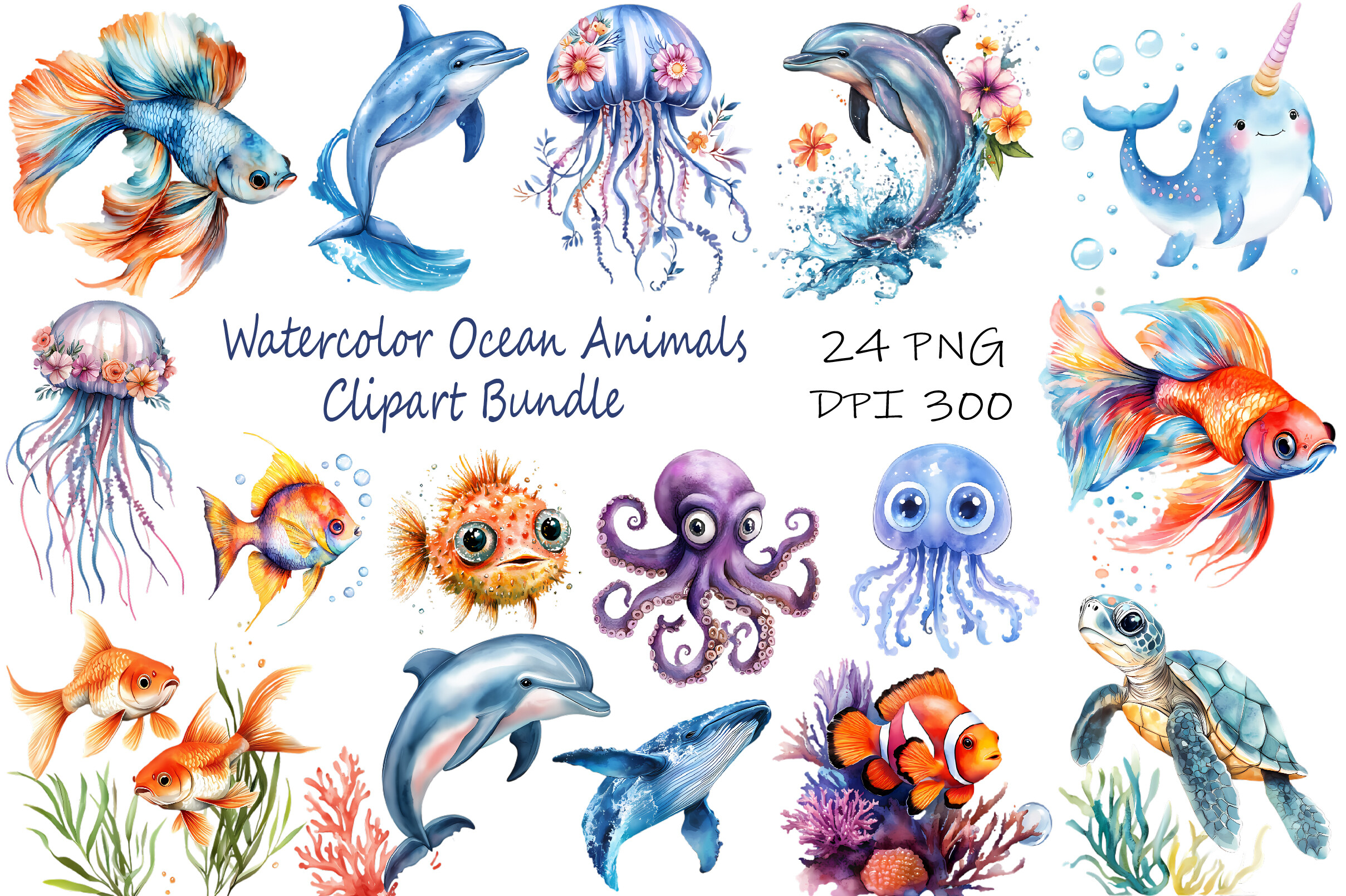 Watercolor Ocean Animals Clipart Bundle Graphic by Cute Paw · Creative ...