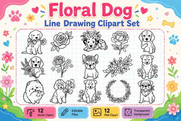 Floral Dog Line Drawing Clipart Set Graphic by WinSum Art · Creative ...
