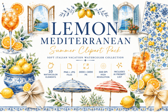 Lemon Mediterranean Summer Clipart Pack Graphic by Dream Floral Studio ...