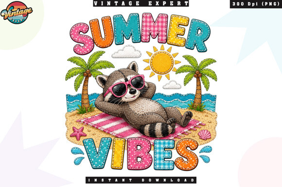 Relaxing Raccoon Beach Patchwork PNG Graphic by Vintage Expert ...