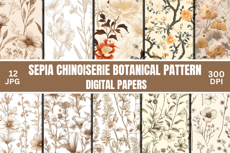 Sepia Chinoiserie Botanical Pattern Graphic by Creative River ...