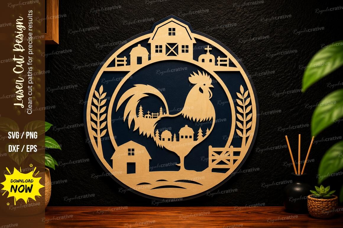 Village Rooster Circle Laser Cut SVG · Creative Fabrica