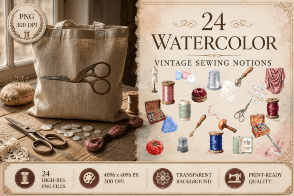 Vintage Sewing Clipart Haberdashery PNG Graphic by imperfectirissio ...
