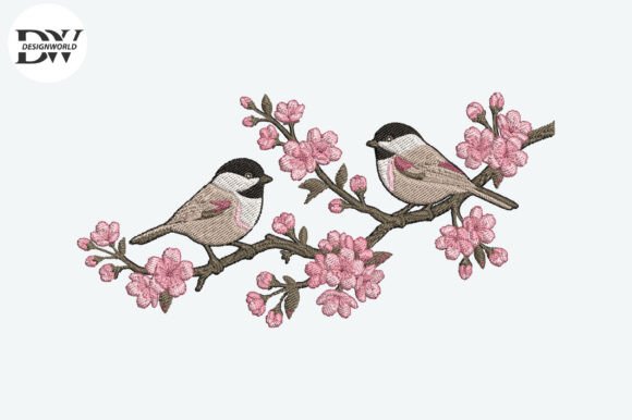 Birds on Cherry Branch Embroider Design · Creative Fabrica