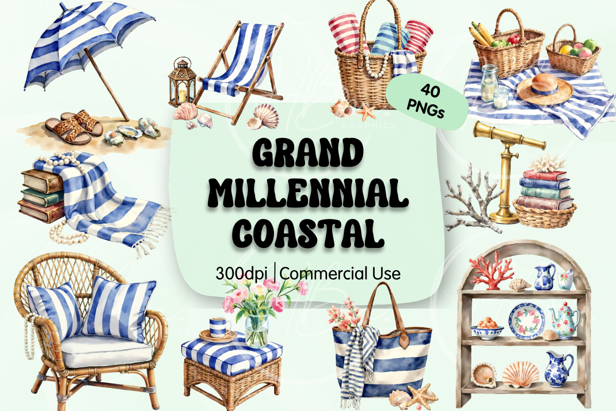 Coastal Grandmillennial Clipart Bundle Graphic by HBM Clipart ...