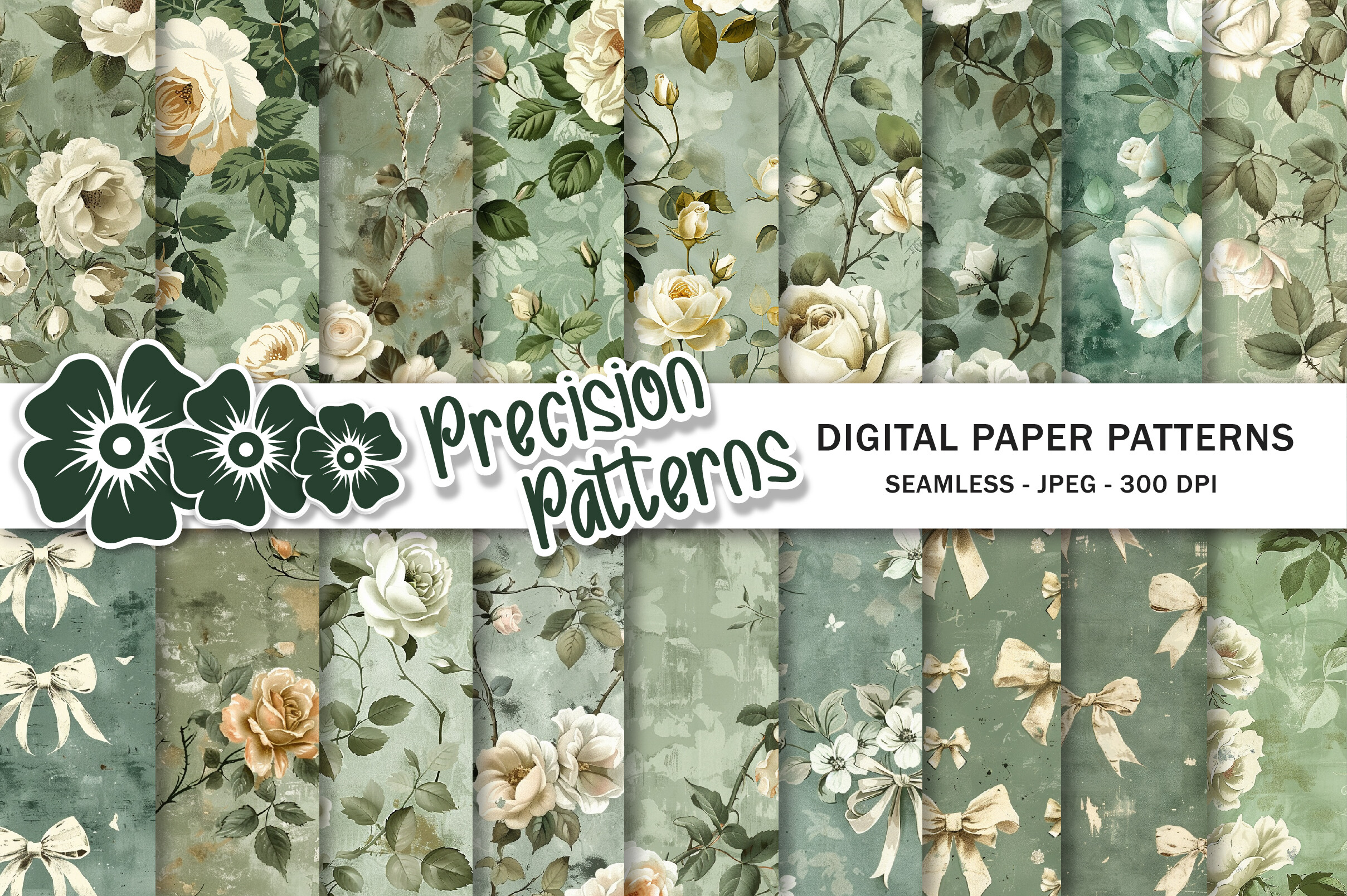 Sage Green Vintage Floral Rose Pattern Graphic by Precision Patterns ...