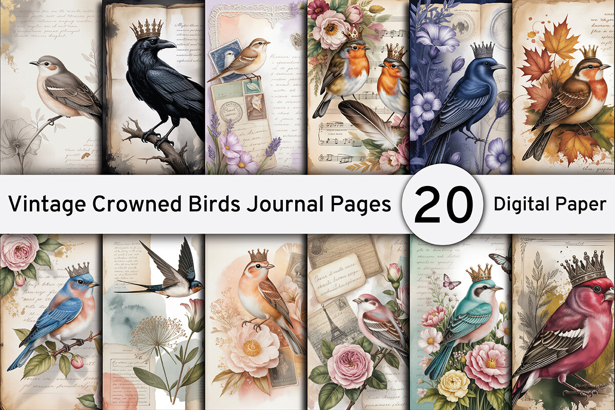 Vintage Crowned Birds Journal Pages Graphic by Designs_Studio4 ...