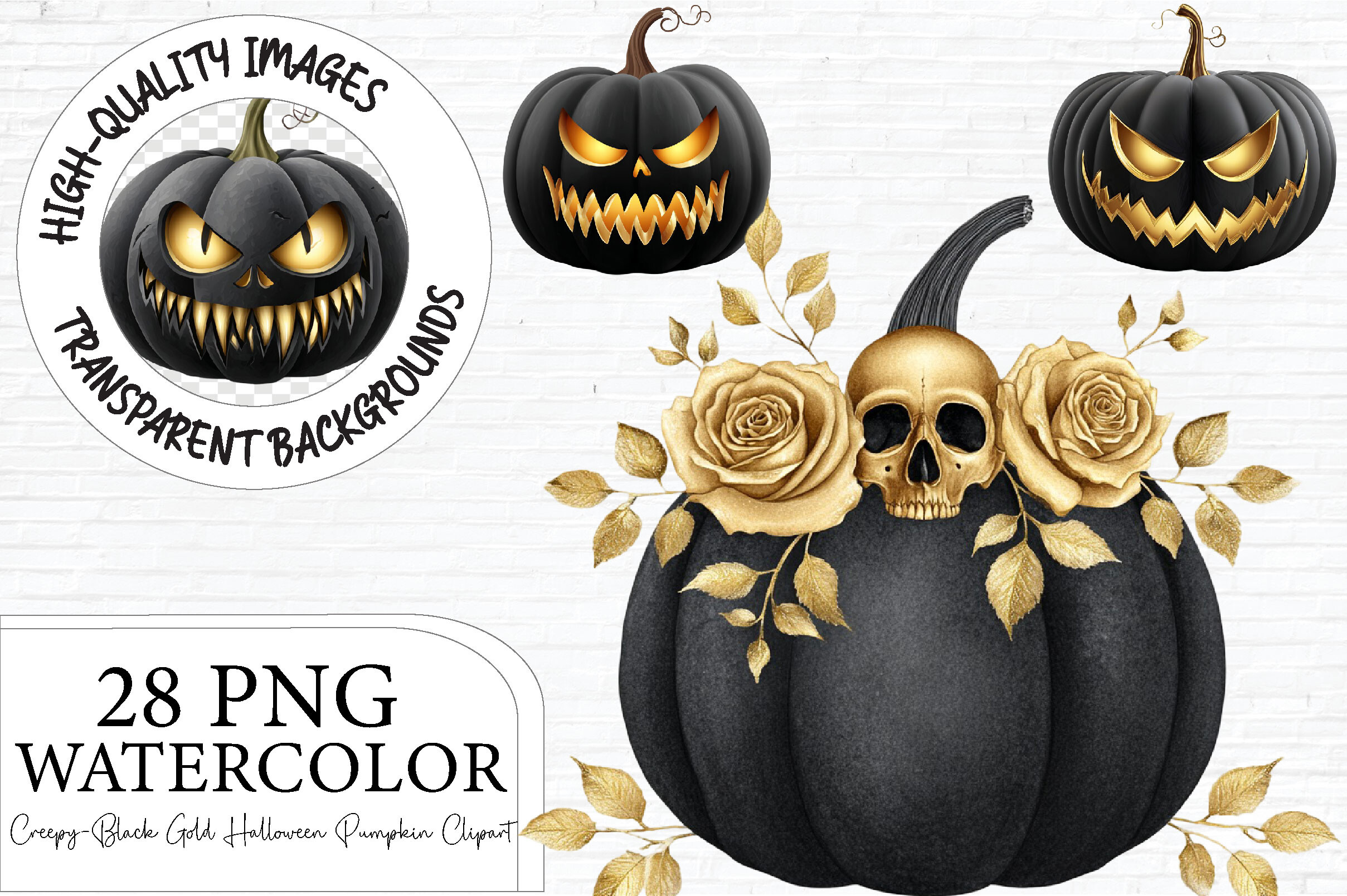 Black and Gold Halloween Pumpkin Clipart Graphic by Artoya · Creative ...