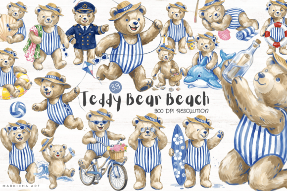 Summer Teddy Beach Day Clipart Graphic by Markicha Art · Creative Fabrica