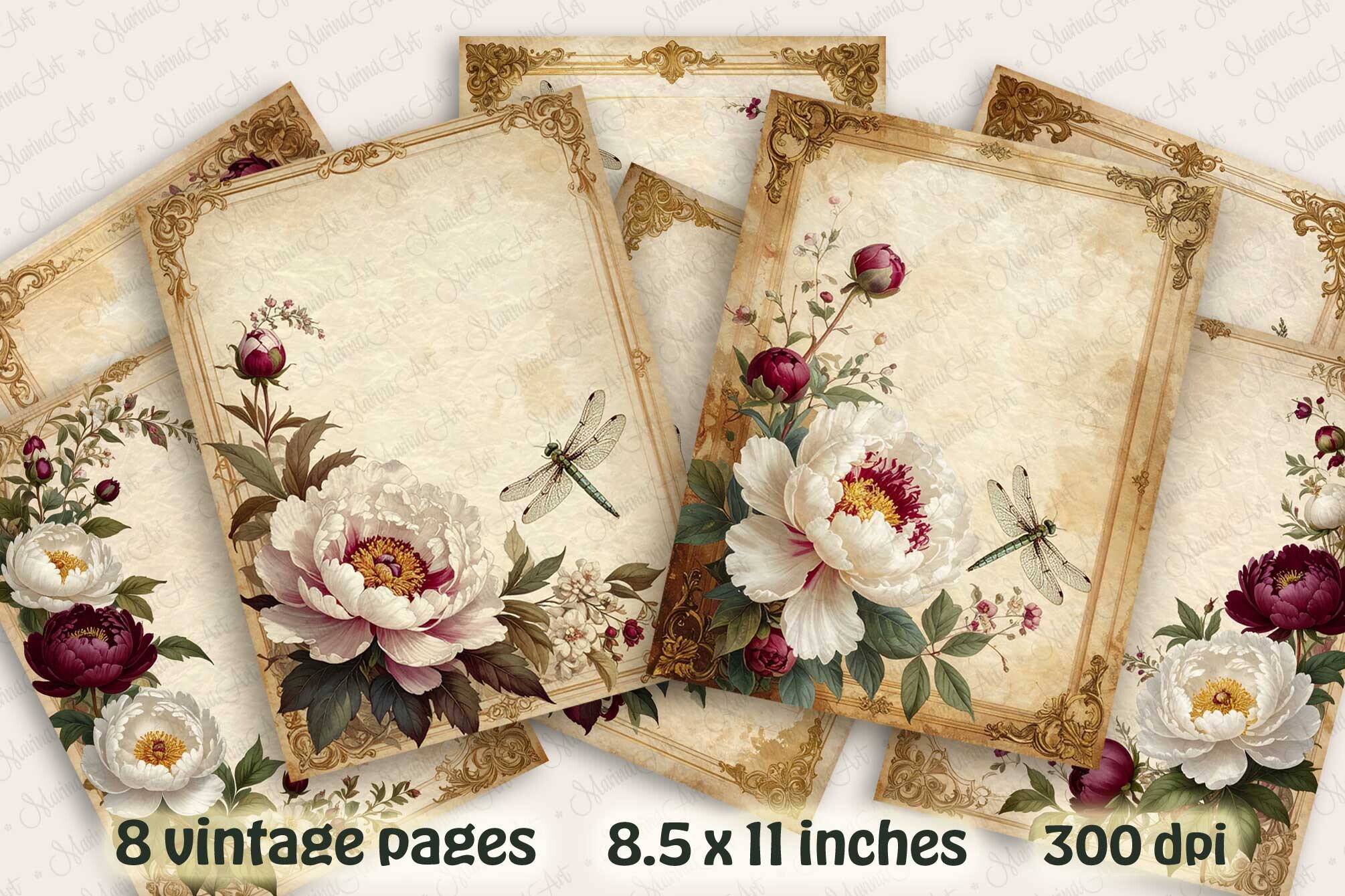 Vintage Tree Peony Frame Pages Printable Grafica di Marina Art ...