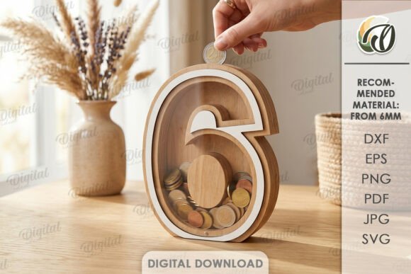 Number Piggy Bank Laser Cut. Six · Creative Fabrica