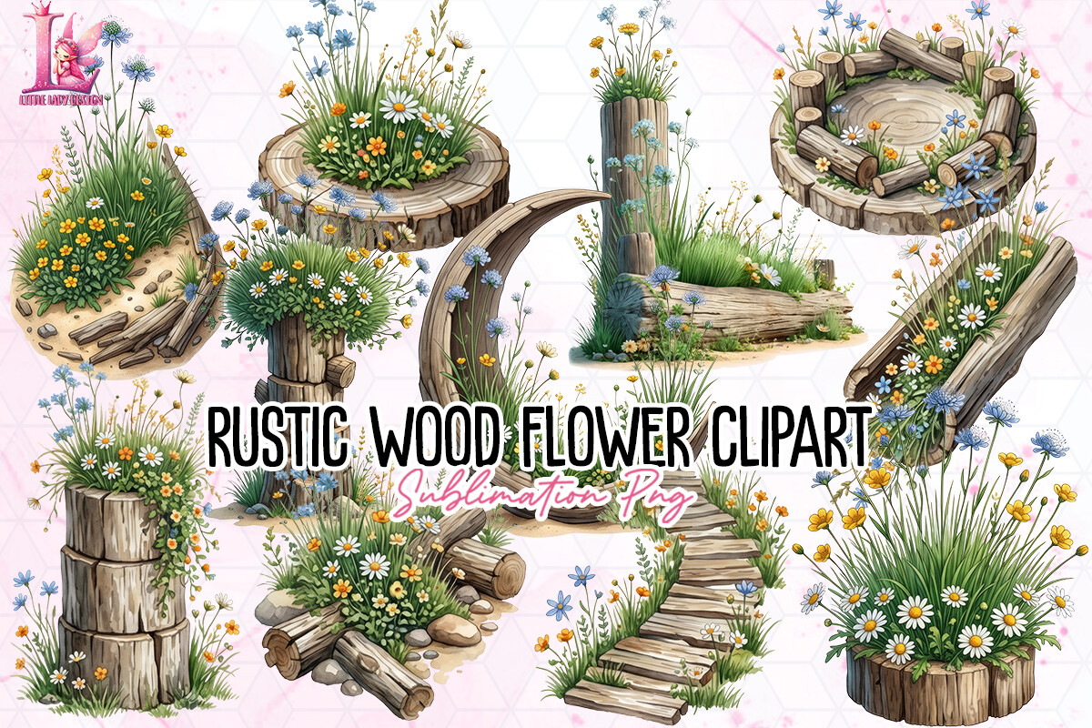 Rustic Wood Flower Clipart PNG Graphic by Little Lady Design · Creative ...