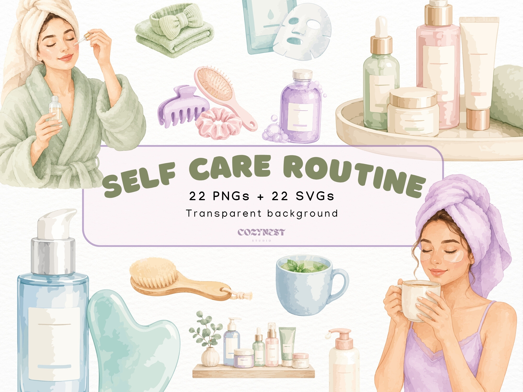 Self Care Routine Watercolor Clipart PNG Graphic by CozyNest Studio ...