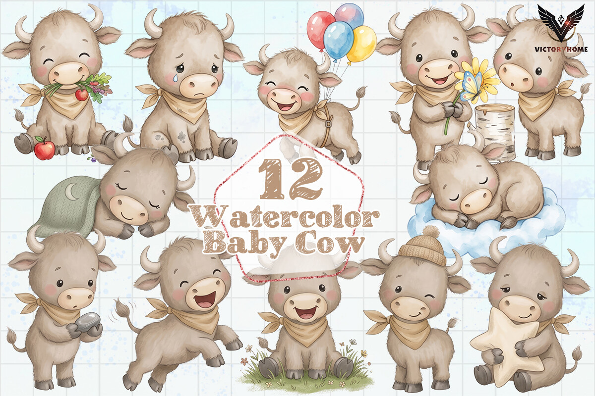 Watercolor Baby Cow Clipart PNG Graphic by VictoryHome · Creative Fabrica