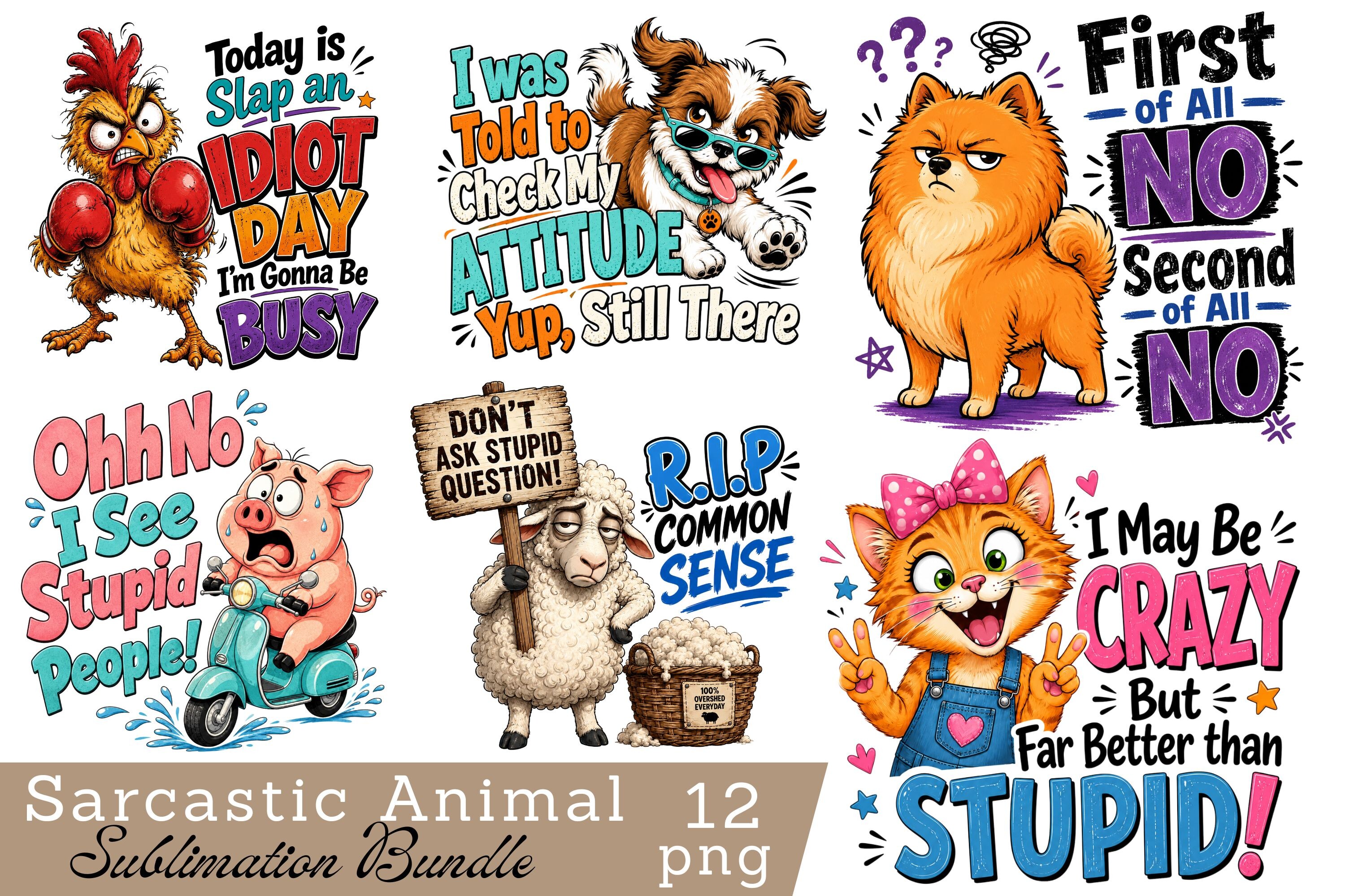 Farm Animal Sarcastic Quotes PNG Bundle Graphic by Cute Cat · Creative ...