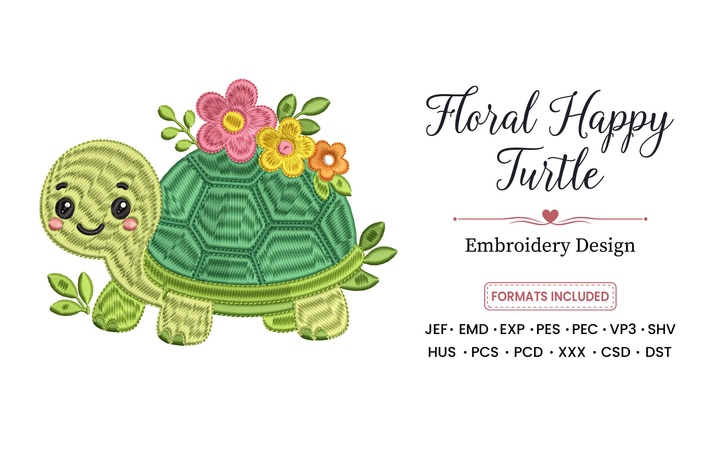 Floral Happy Turtle Embroidery Design · Creative Fabrica