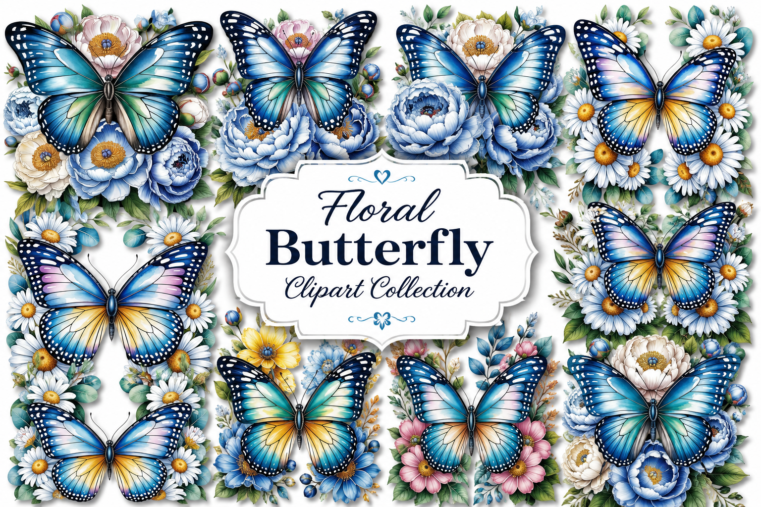 Watercolor Butterfly Flowers PNG Bundle Graphic by Creative Studio 55 ...