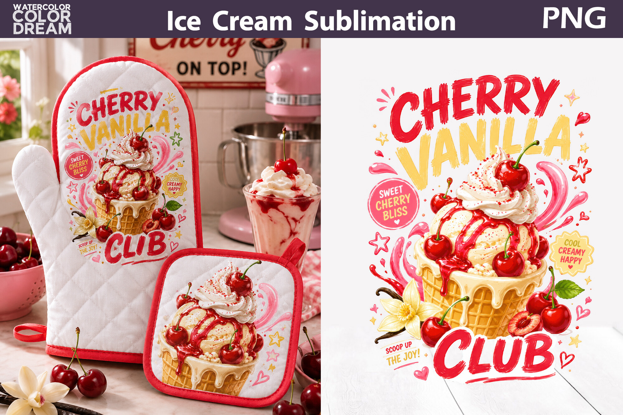 Cherry Vanilla Ice Cream Art Graphic by WatercolorColorDream · Creative ...