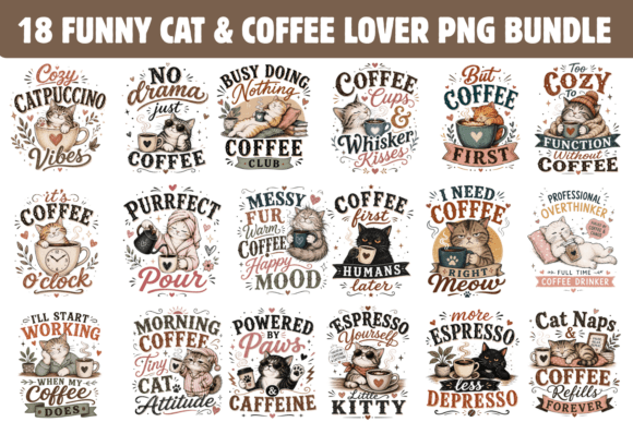 Funny Cat & Coffee Lover PNG Bundle Graphic by NzGraphic · Creative Fabrica