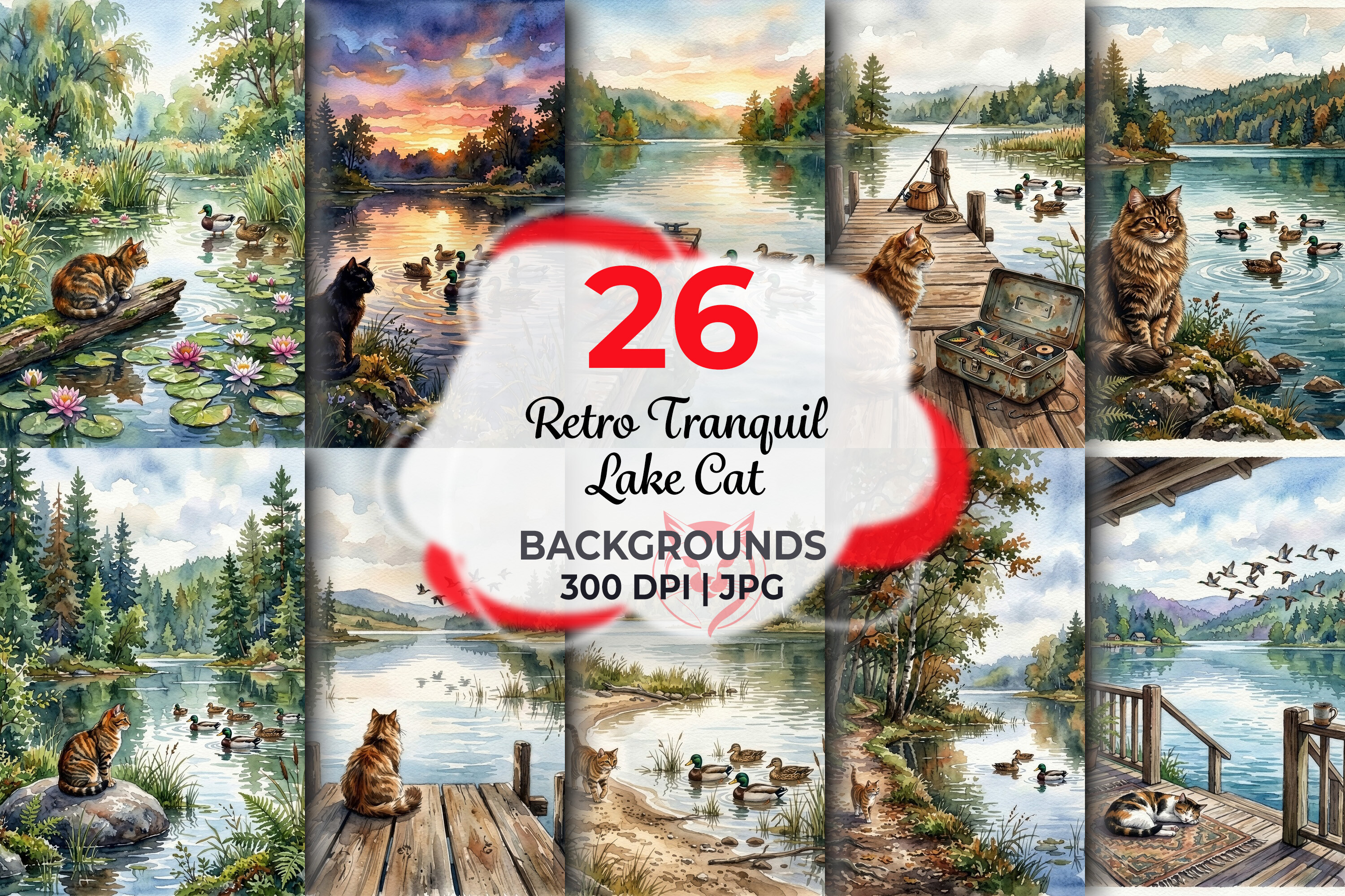 Retro Tranquil Lake Cat Backgrounds Graphic by Redsky Cat · Creative ...